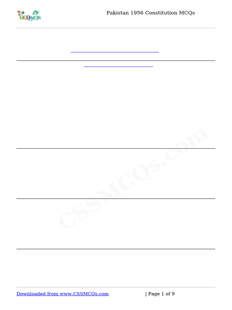 Pakistan 1956 Constitution MCQs | PDF | Government | Pakistan