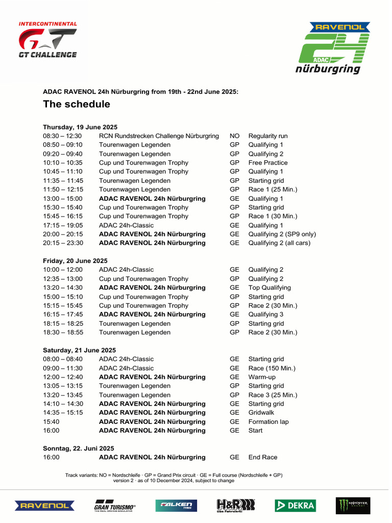 24h Nürburgring 2025 Schedule | PDF | Formula One | Open Wheel Racing