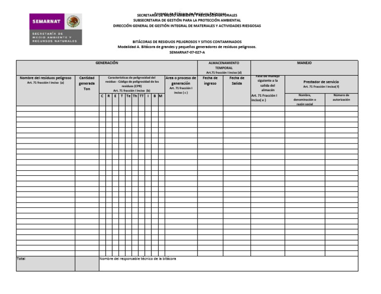 Bitácora de Residuos Peligrosos SEMARNAT | PDF | Residuos | Residuos ...