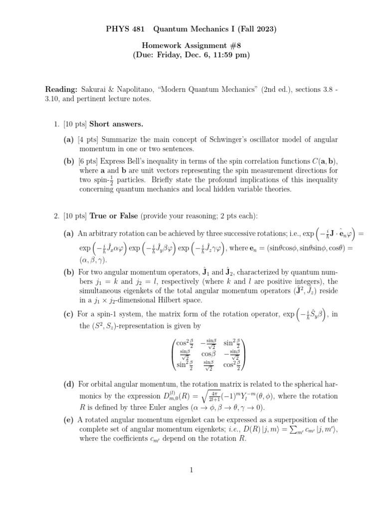 HW8 Probs (PHYS481-Fall24) v1 | PDF | Spin (Physics) | Linear Algebra