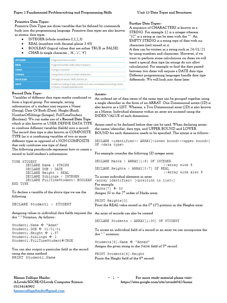 Unit 13 DatatypesAndStructures | PDF | Data Type | Computer Science