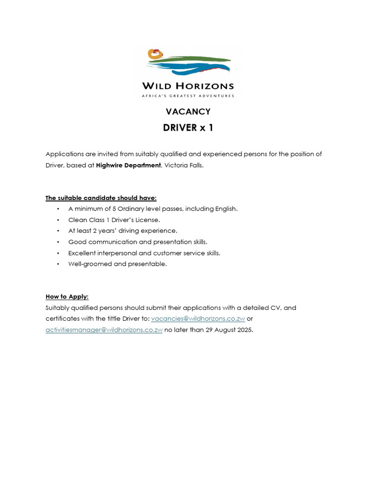 Driver Vacancy at Highwire, Victoria Falls | PDF