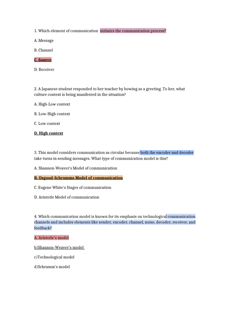 Communication Models and Barriers Quiz | PDF | Communication | Cognition