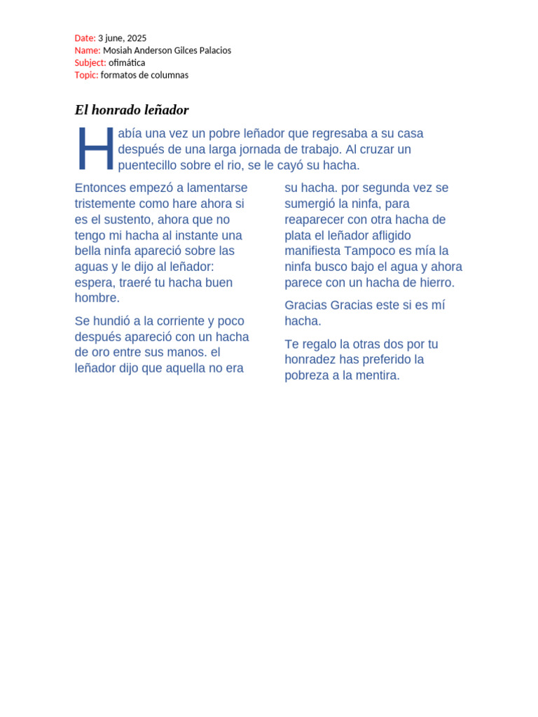 El-honrado-leñador-ofimatica-clase | PDF