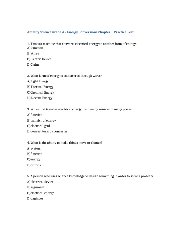 Amplify Energy Conversions Chapter1 Practice Test | PDF