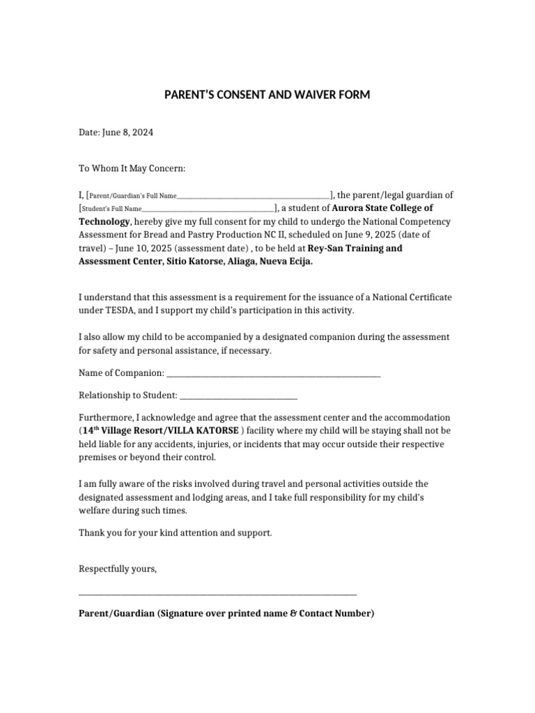 Parent Consent Waiver Bread and Pastry Assessment | PDF