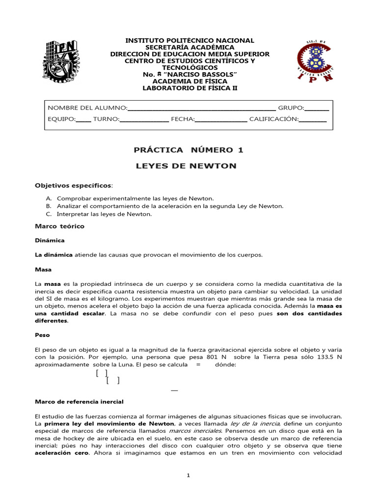 Practica 1 Leyes de Newton - Física II | PDF | Fuerza | Masa
