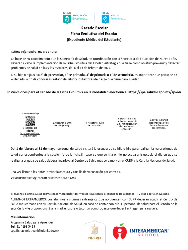 Recado Escolar Ficha Evolutiva 2024 | PDF | Educación de la primera ...