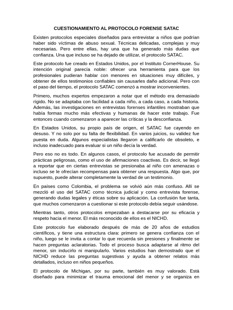 Cuestionamiento del Protocolo SATAC | PDF | Testimonio | Abuso sexual