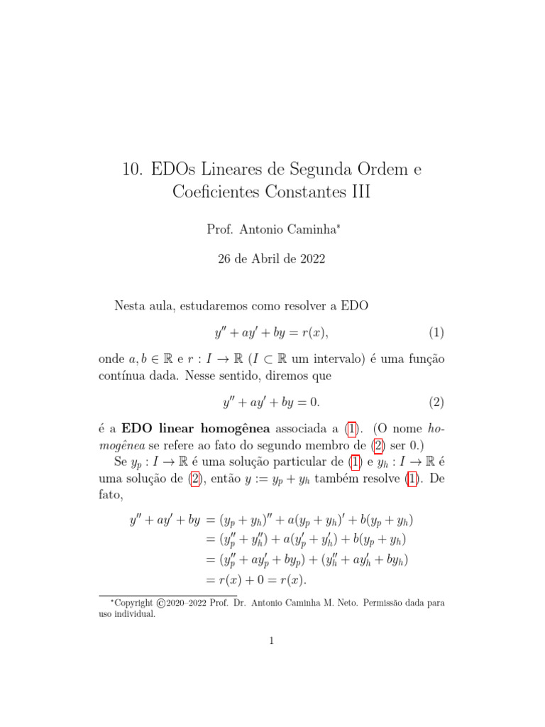 Resolução de EDOs Lineares de Segunda Ordem | PDF | Analise matemática ...