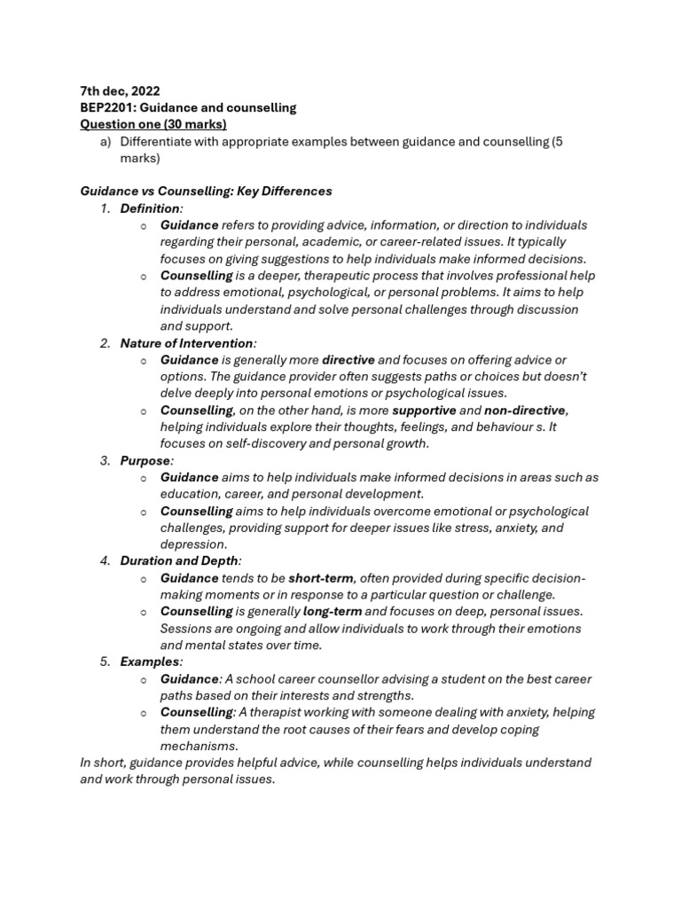 Guidance vs Counselling: Key Insights | PDF | Psychotherapy | Mental Health