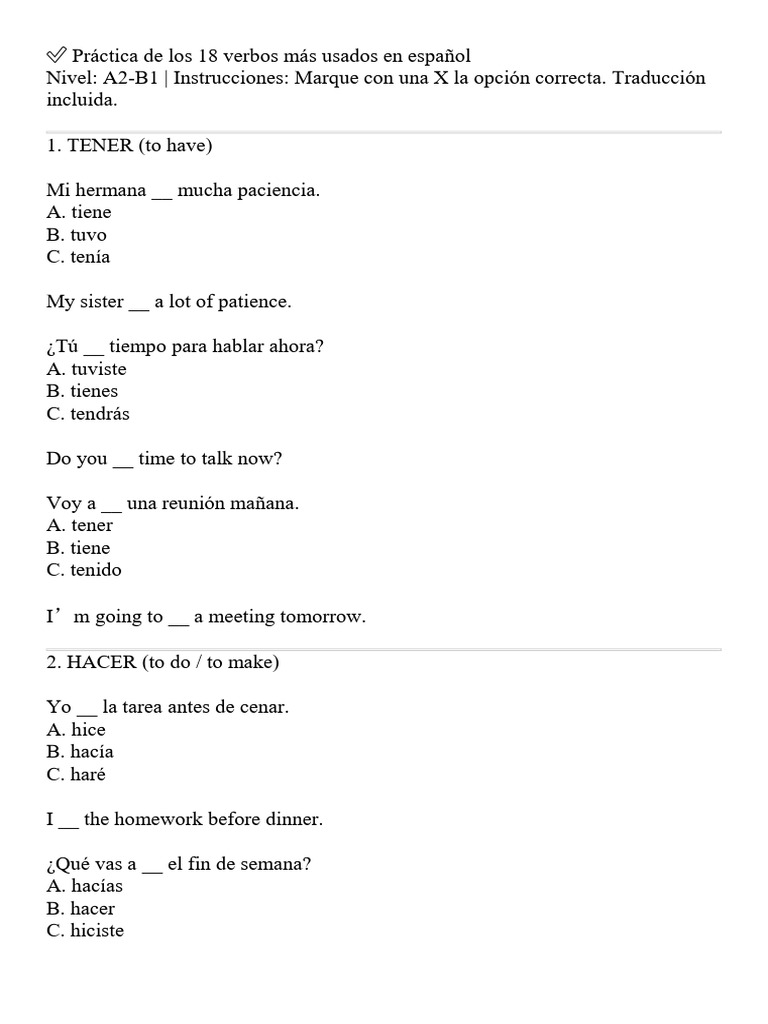 Práctica de 18 verbos en español | PDF
