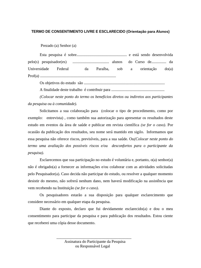 Termo de Consentimento para Pesquisa | PDF | Consentimento Livre e ...