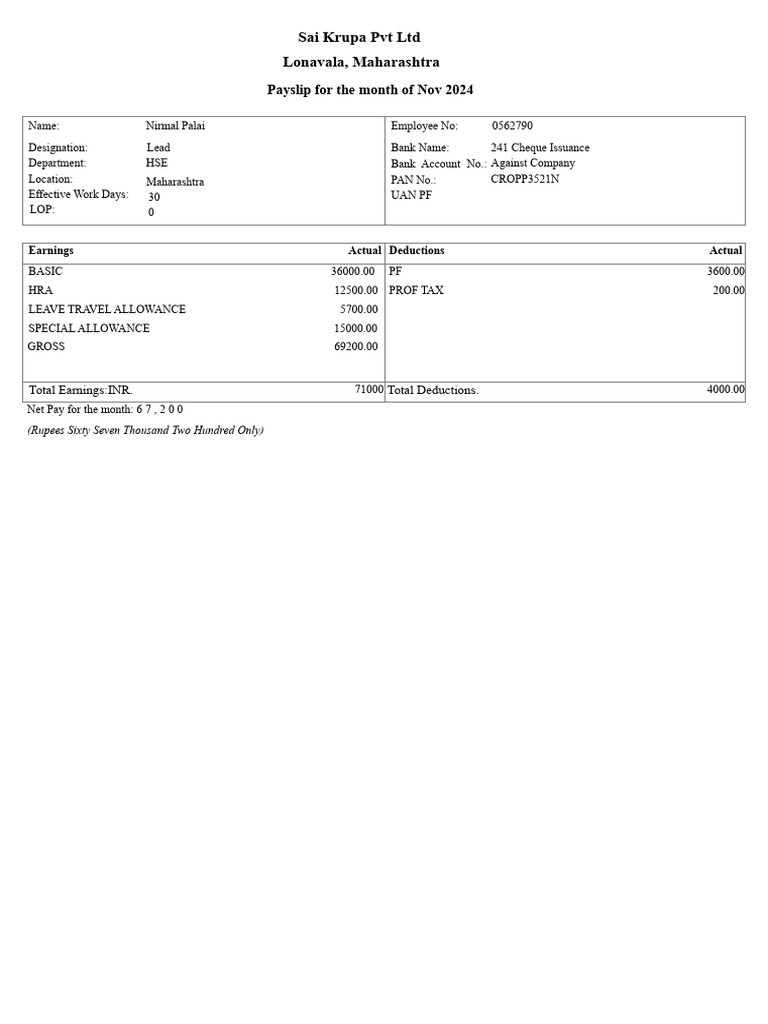 November 2024 Payslip for Nirmal Palai | PDF