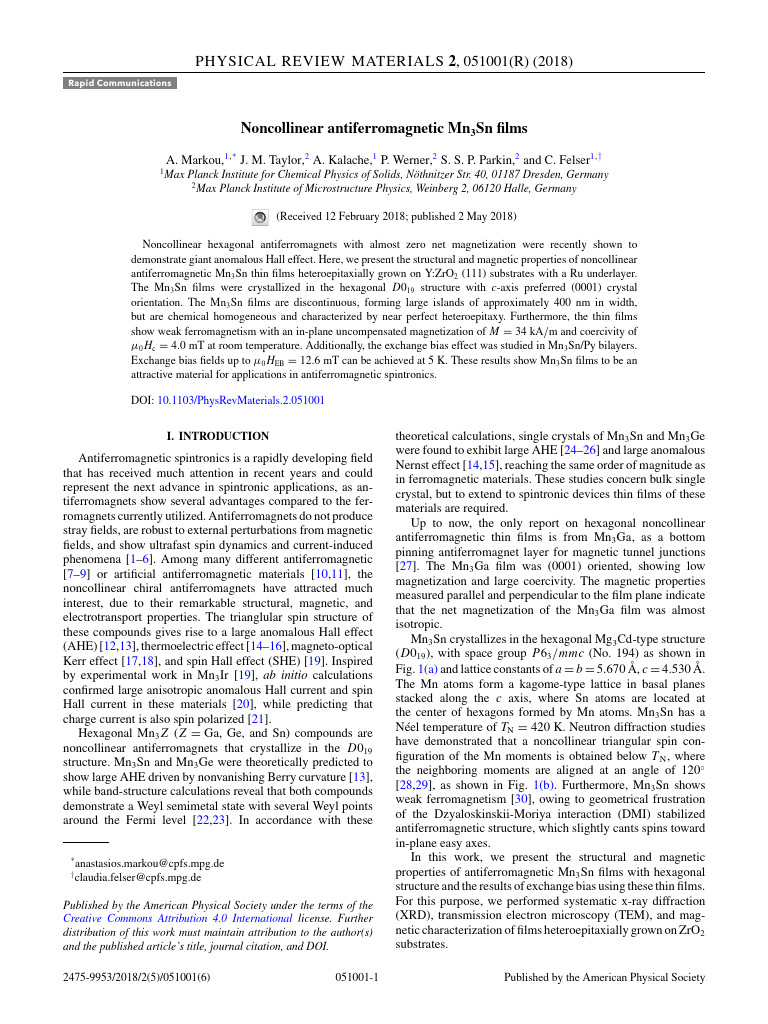 Mn3Sn Thin Films for Spintronics | PDF | Epitaxy | Ferromagnetism