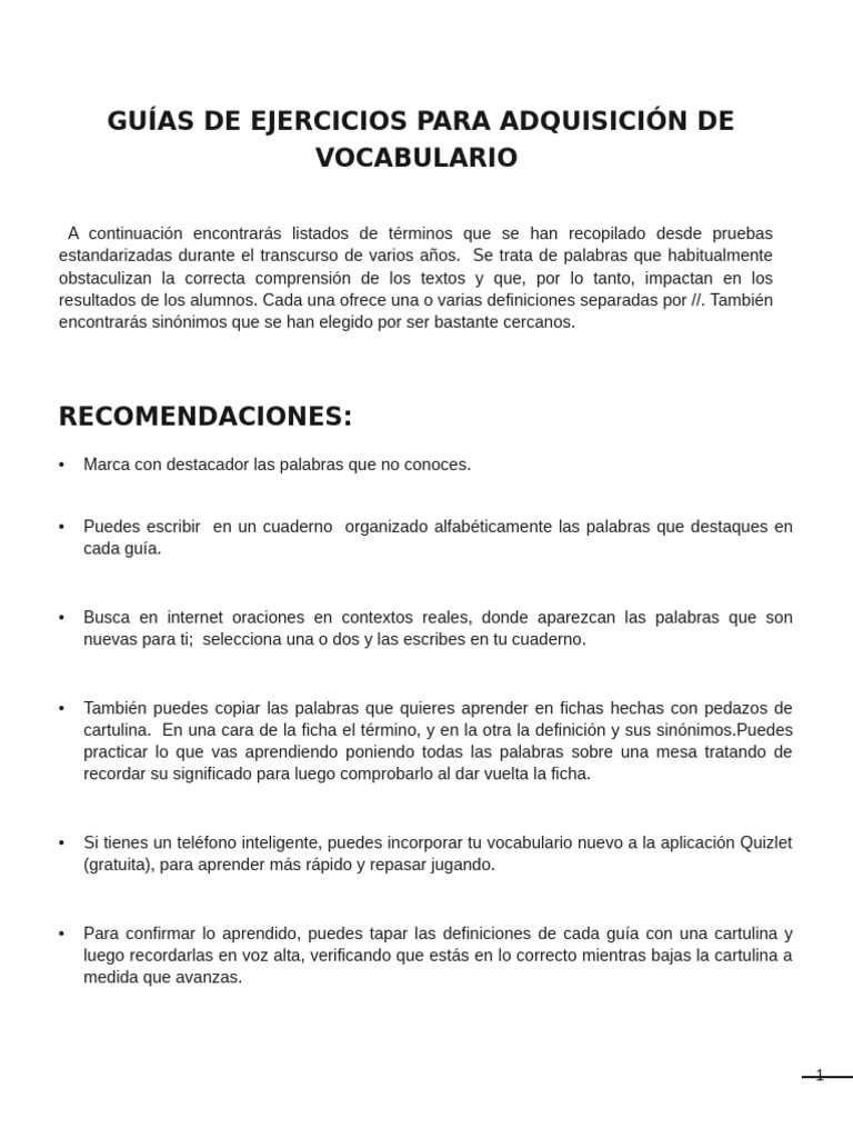 Guía de Ejercicios para Vocabulario | PDF