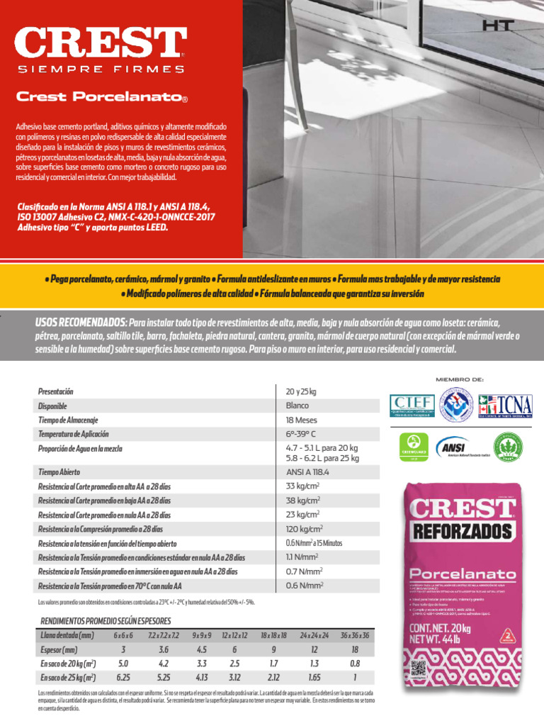Adhesivo Crest Porcelanato: Alta Resistencia | PDF | Hormigón | Cemento