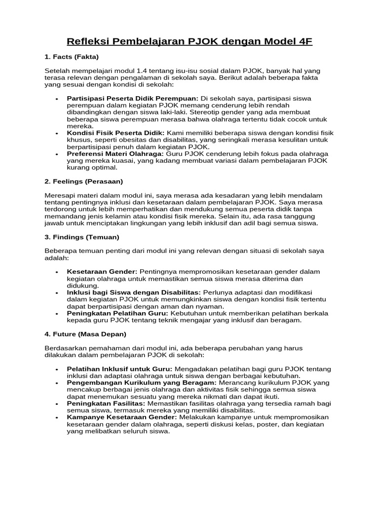Refleksi Pembelajaran PJOK Dengan Model 4F | PDF