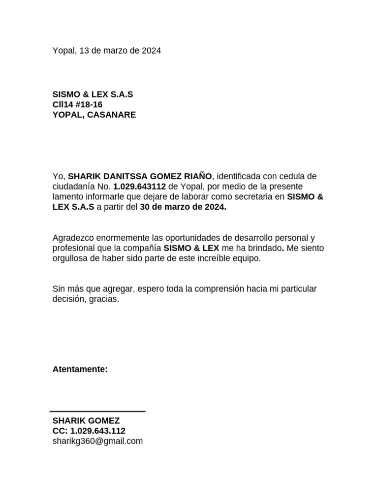 Renuncia de Sharik Gómez en SISMO & LEX | PDF