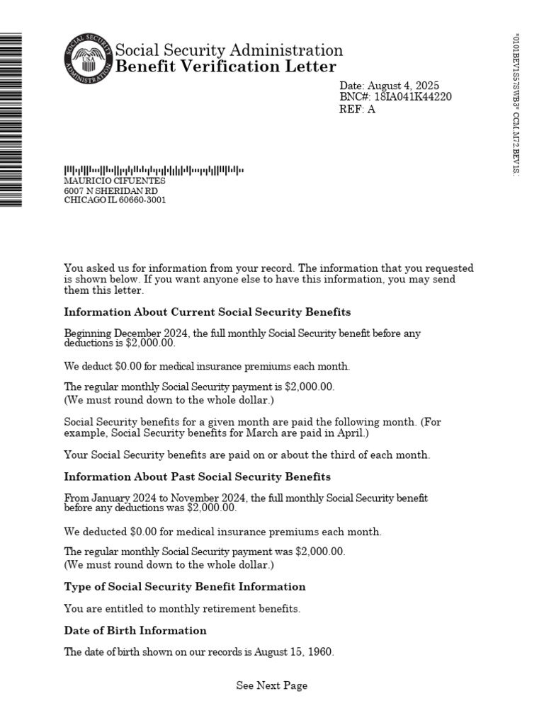 Social Security Benefit Verification Letter | PDF