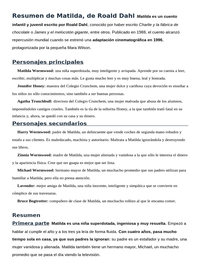 Resumen de "Matilda" por capítulos | PDF