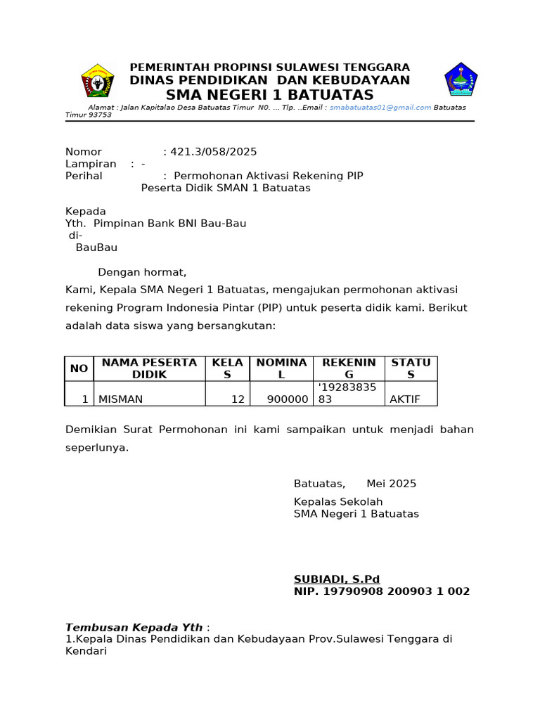 Permohonan Aktivasi Rek PIP MISMAN | PDF