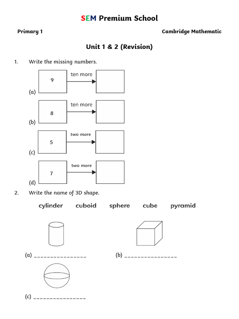 Grade 1 Cambridge Mathematics Revision - Unit-1,2,3 | PDF