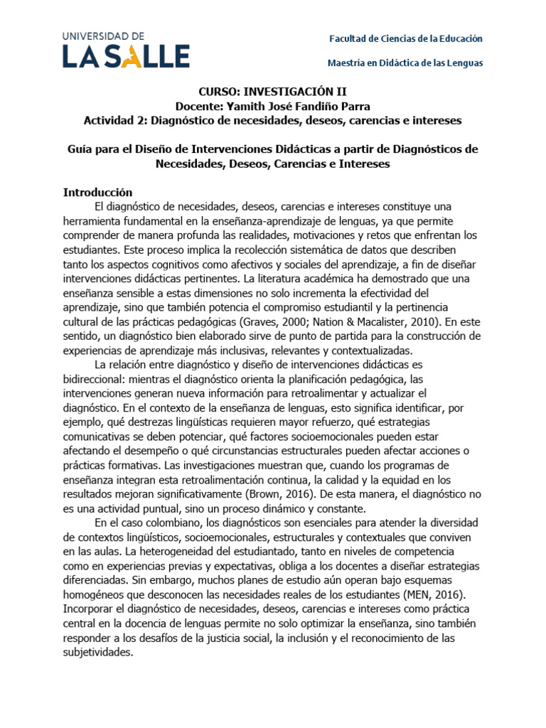 SEMANA 5. MDL INV II. Guía para Diagnóstico de Necesidades, Deseos ...