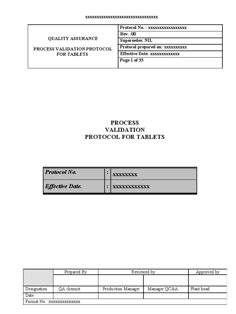 Process Validation Protocol for Tablet Manufacturing Outlining Critical ...