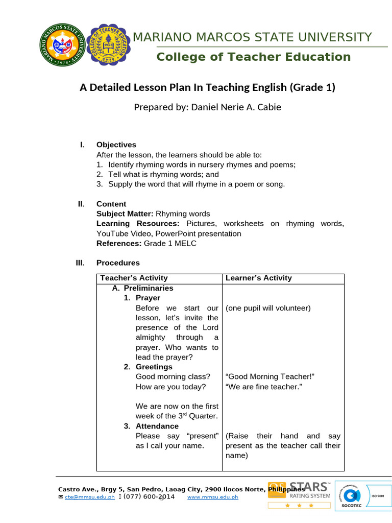 Grade 1 English Lesson Plan: Rhyming Words | PDF | Learning