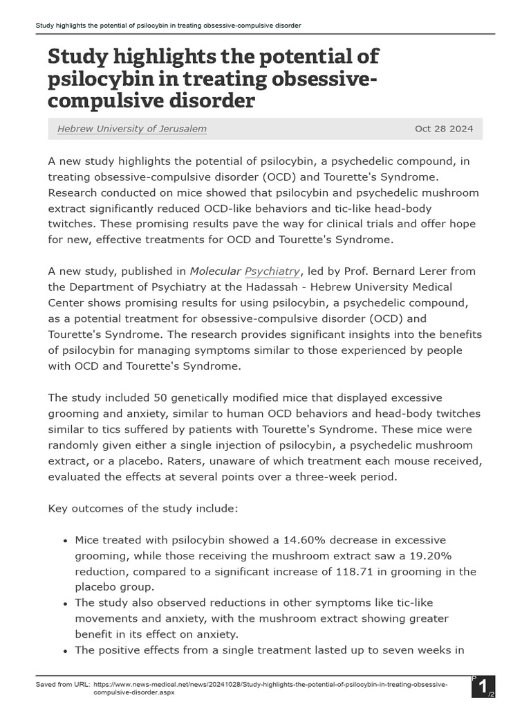 Study Highlights The Potential of Psilocybin in Treating Obsessive Compulsive Disorder | PDF ...