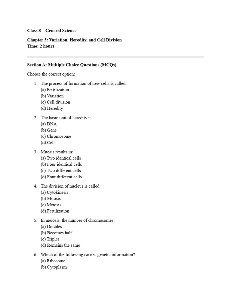 Class 8-General Science Test | PDF | Heredity | Cell (Biology)