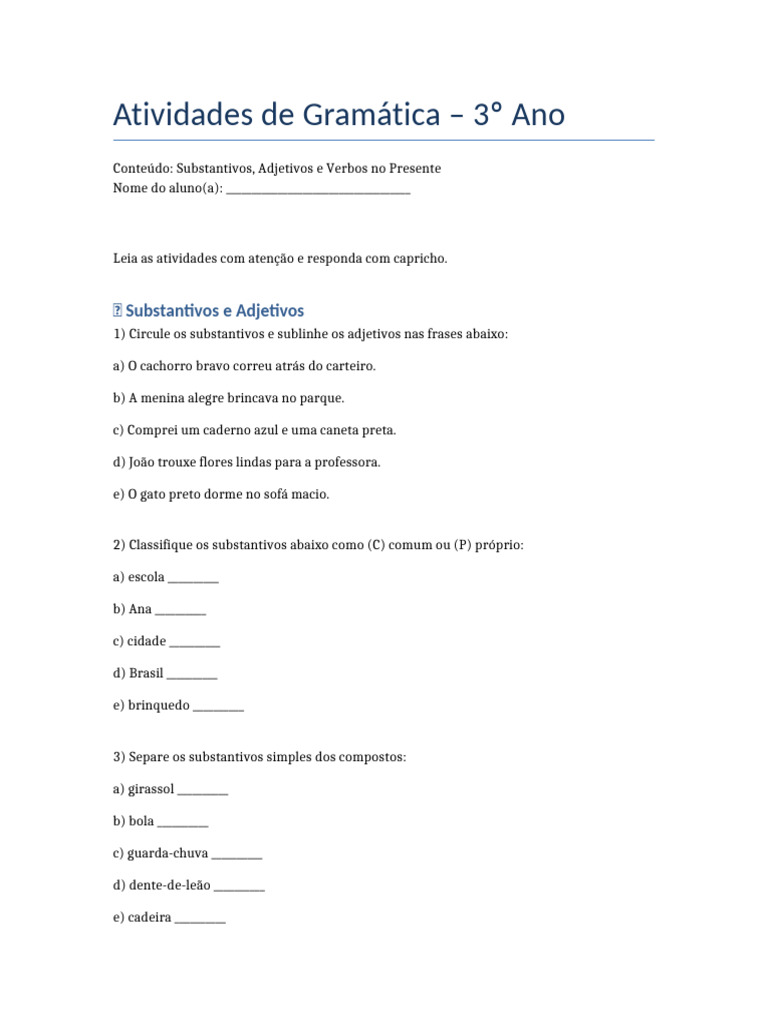 Atividades Gramatica 3ano Substantivos Adjetivos Verbos | PDF
