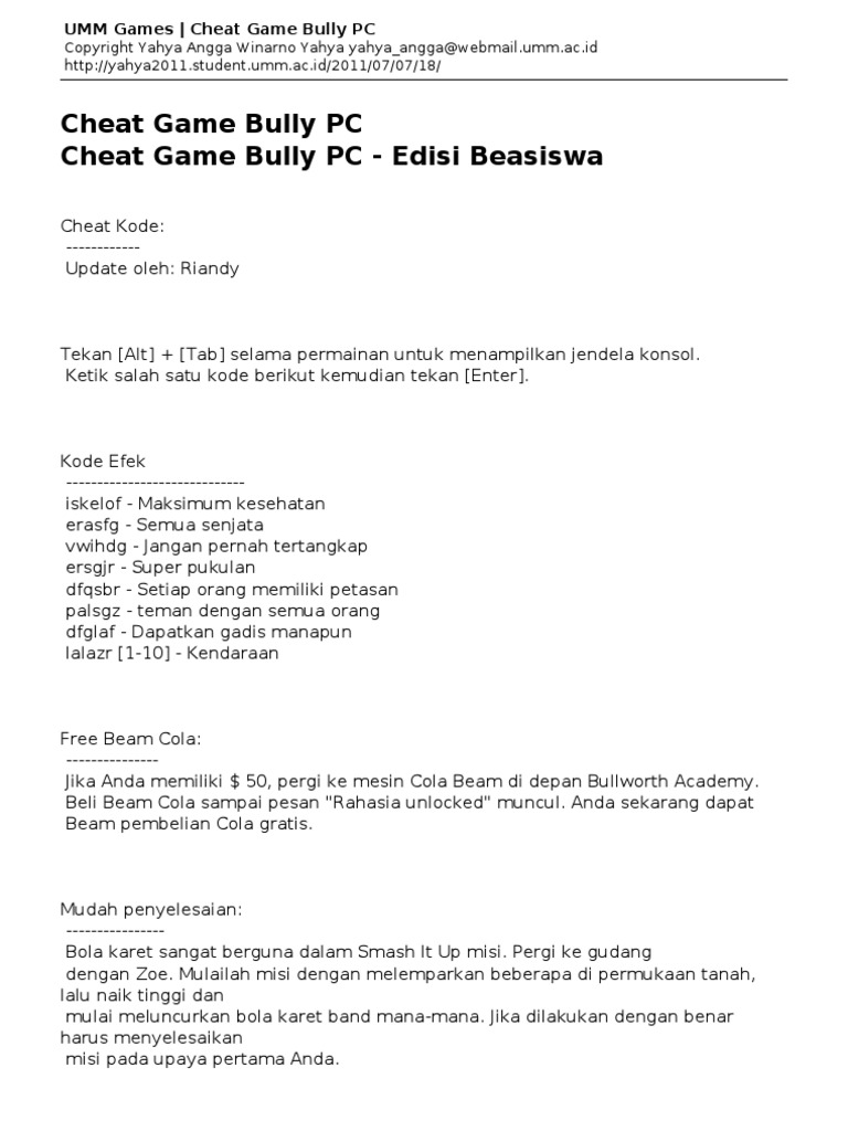 UMM Games-Cheat Game Bully PC | PDF | Game & Aktivitas
