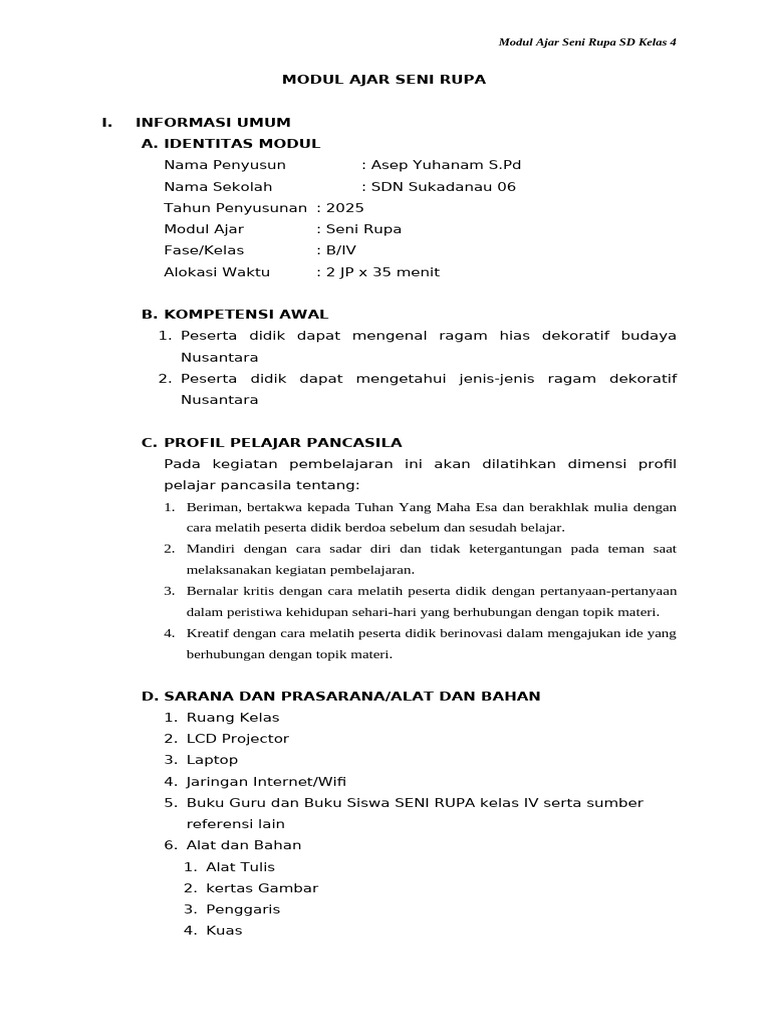Modul Ajar Seni Rupa Kelas 4 SMT 2 | PDF