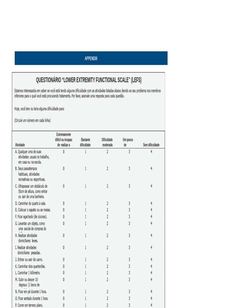 QUESTIONÁRIO MMII “LOWER EXTREMITY FUNCTIONAL SCALE” (LEFS) | PDF
