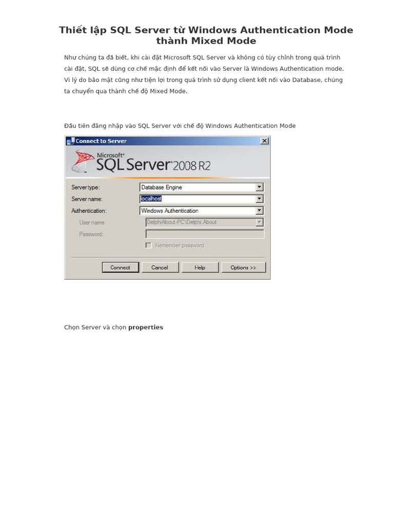 Thiết Lập SQL Server Từ Windows Authentication Mode Thành Mixed Mode | PDF