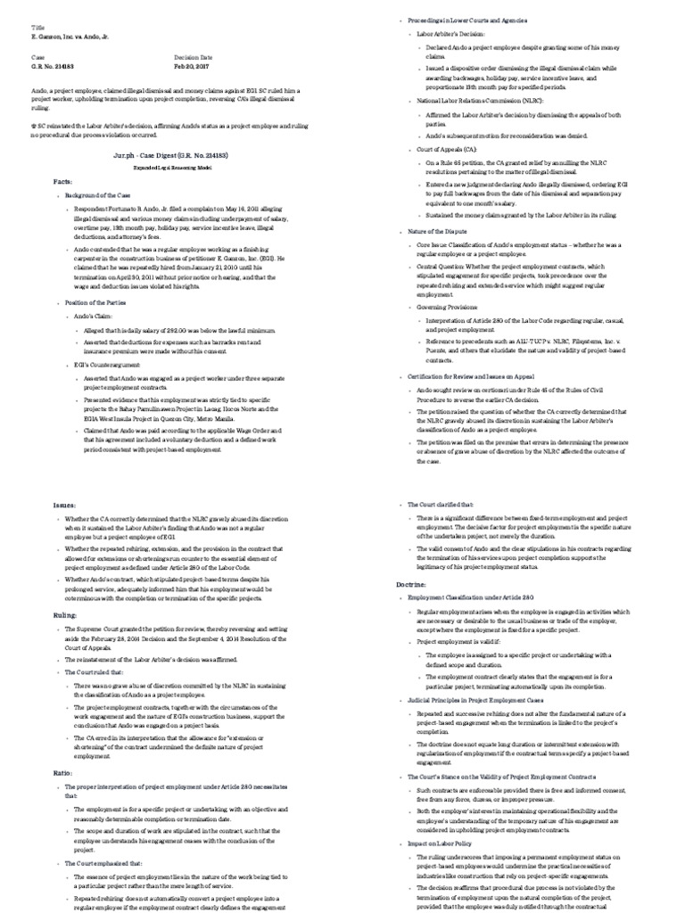 06 Case Digest - G.R. No. 214183 - E. Ganzon, Inc. vs. Ando, JR | PDF | Employment | Arbitration