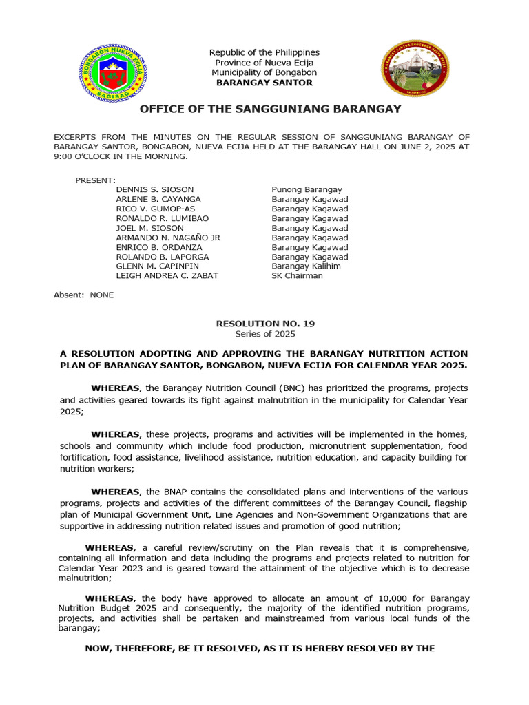 Barangay Santor Nutrition Action Plan 2025 | PDF | Nutrition | Diet ...