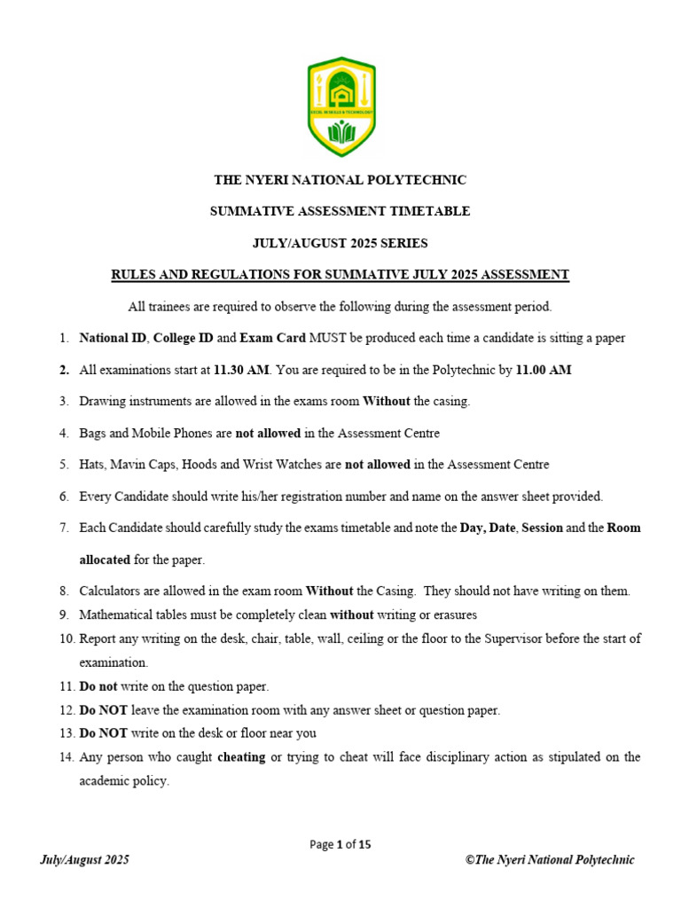 18th July Final Summative Timetable July 2025 | PDF