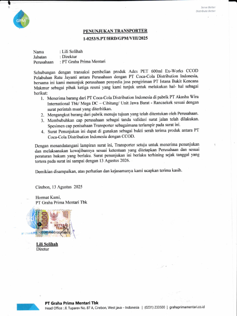 Surat Penunjukan Transporter Ccod Jawa Barat | PDF