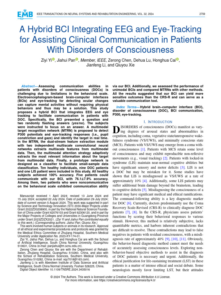 Hybrid BCI for Communication in DOC Patients | PDF ...