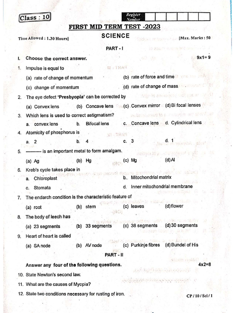 10th Science EM 1st Mid Term Exam 2023 Original Question Paper ...