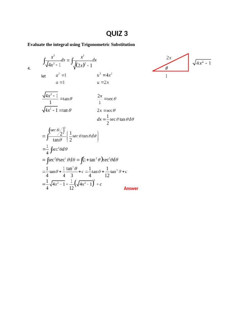 Trigonometric Substitution Integral Quiz | PDF