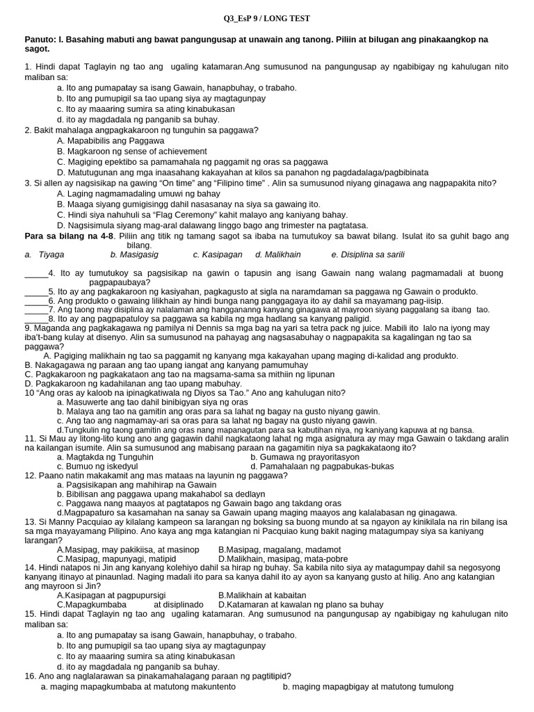 3rd QTR Long Test | PDF