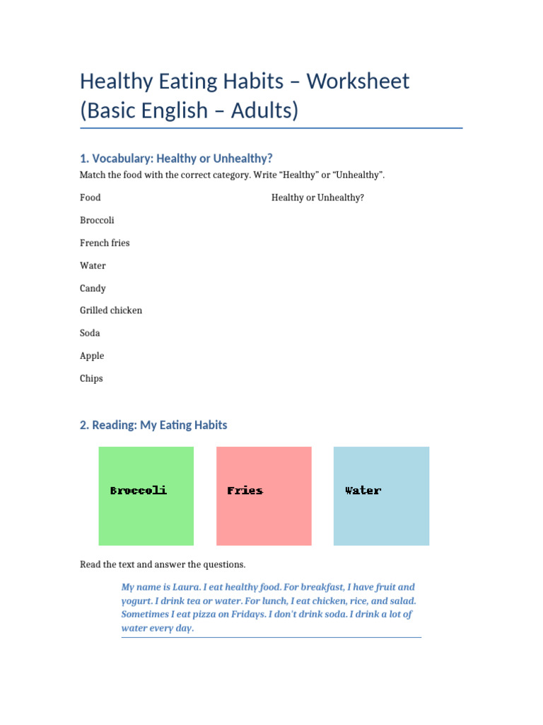 Healthy Habits Worksheet With Image | PDF