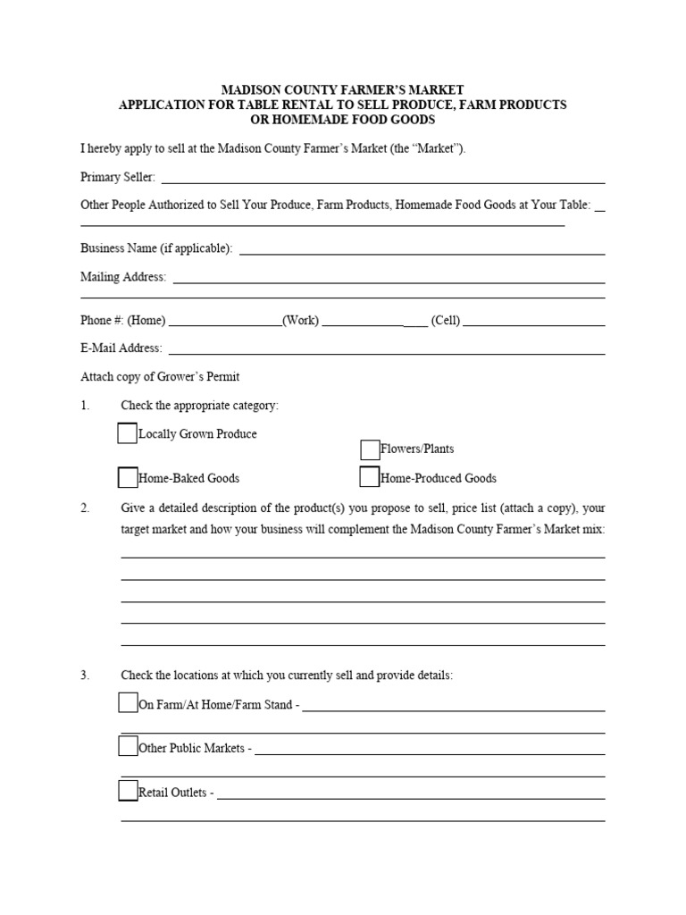Vendor Application For Farmers MarketFillable Form | PDF