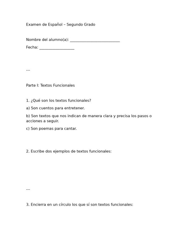 Examen de Español para Segundo Grado | PDF
