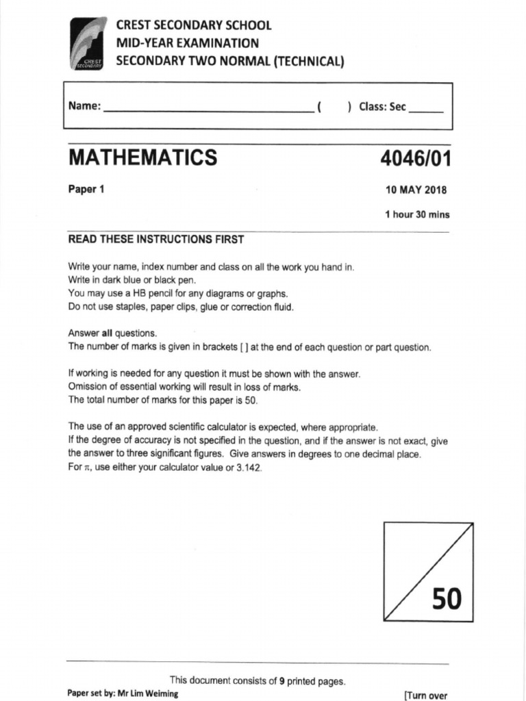 2018 Sec 2 NT Maths SA1 Crest Secondary | PDF