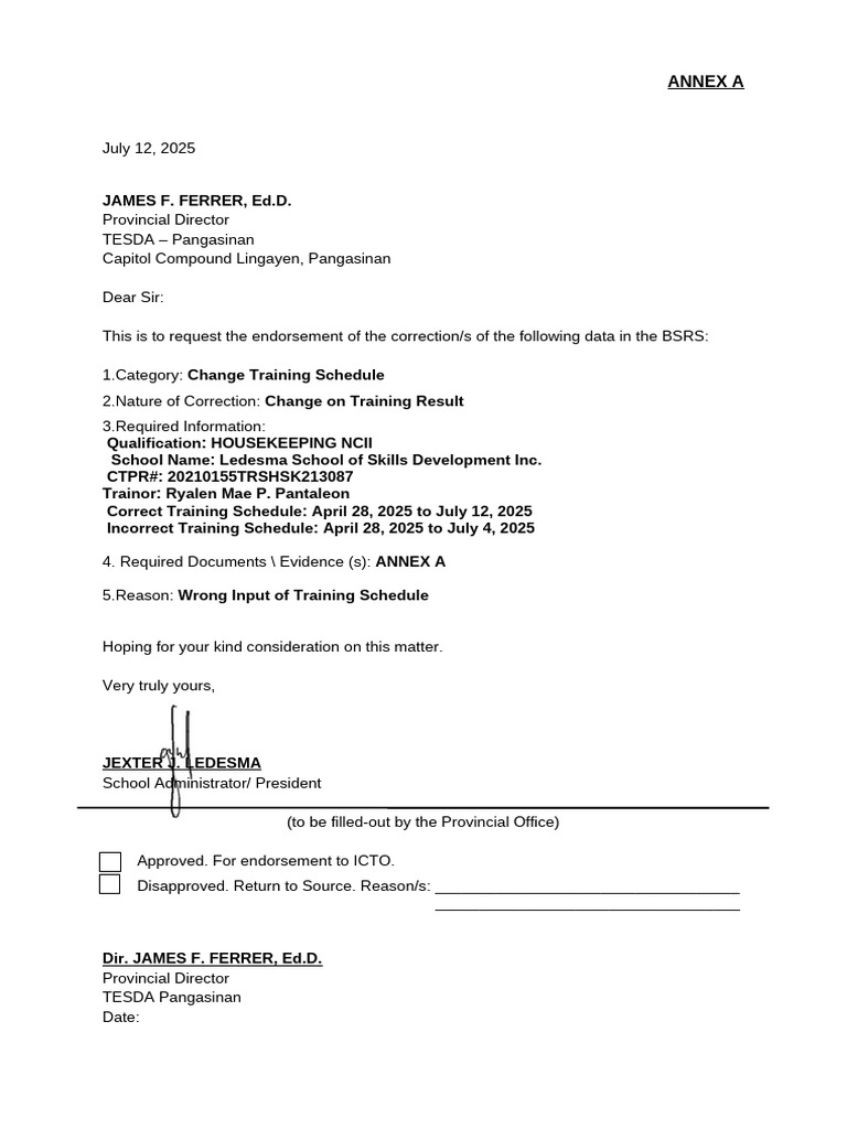 Annex A HSKP Ncii Change Training Schedule | PDF